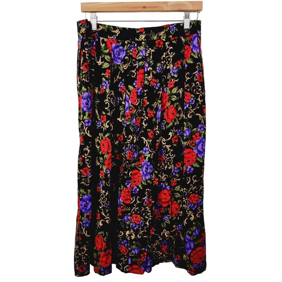 Koret | Skirts | Vintage Koret Skirt Black Moody Floral Pleated Midi ...